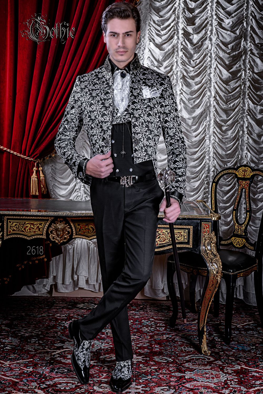 Frac uomo coreana gotico broccato nero argento, matrimonio steampunk ...