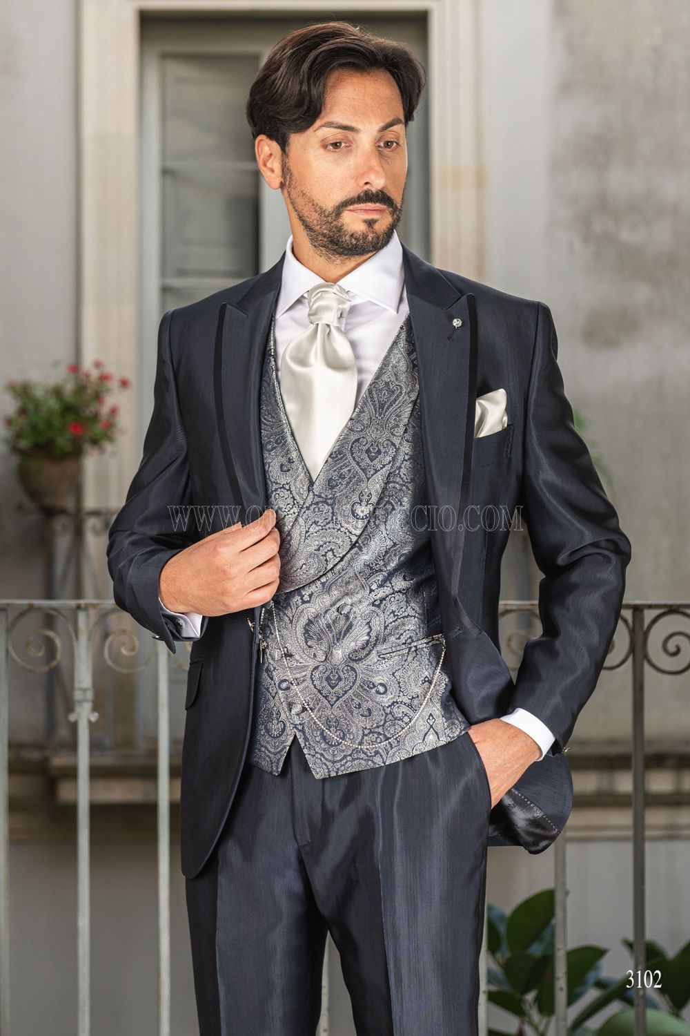 Blue bespoke groom suit with piping on the lapel and brocade waistcoat ...